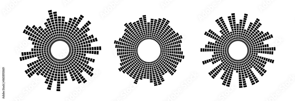Black radial sound wave pattern set. Circular audio, music or voice ...