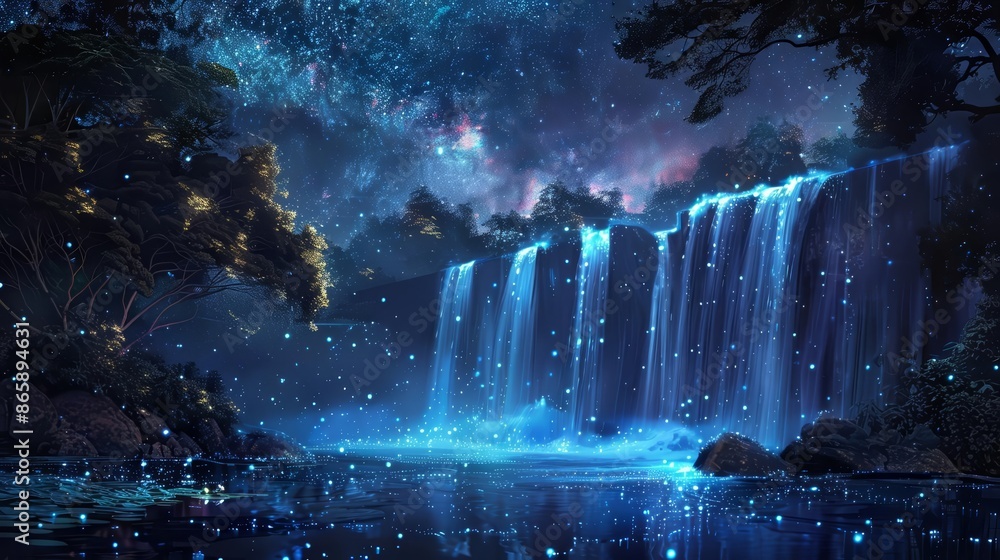 Enchanted waterfall with bioluminescent plants glowing along the ...