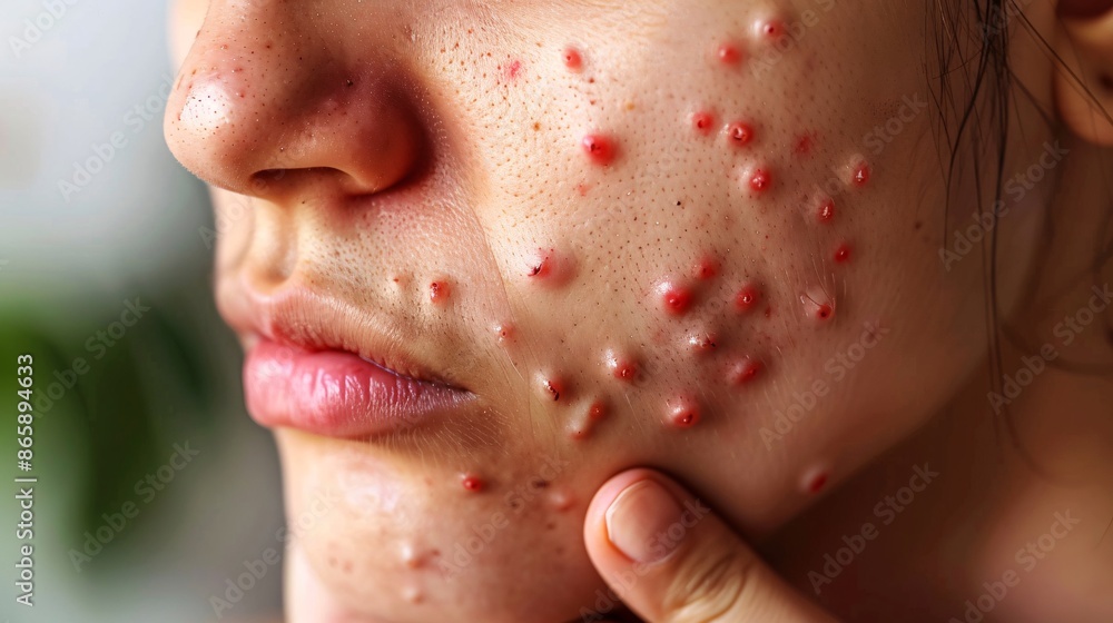 Highly detailed image of an allergic skin reaction with hives and ...