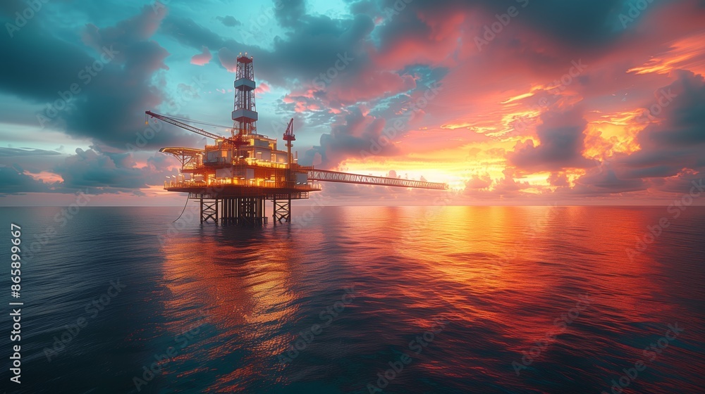 Dramatic sunset over offshore oil rig. Offshore oil rig set against a ...
