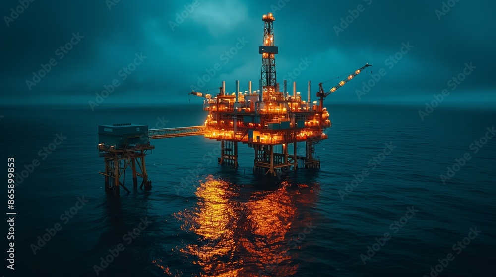 Offshore oil platform at night. Offshore oil platform brightly lit at ...