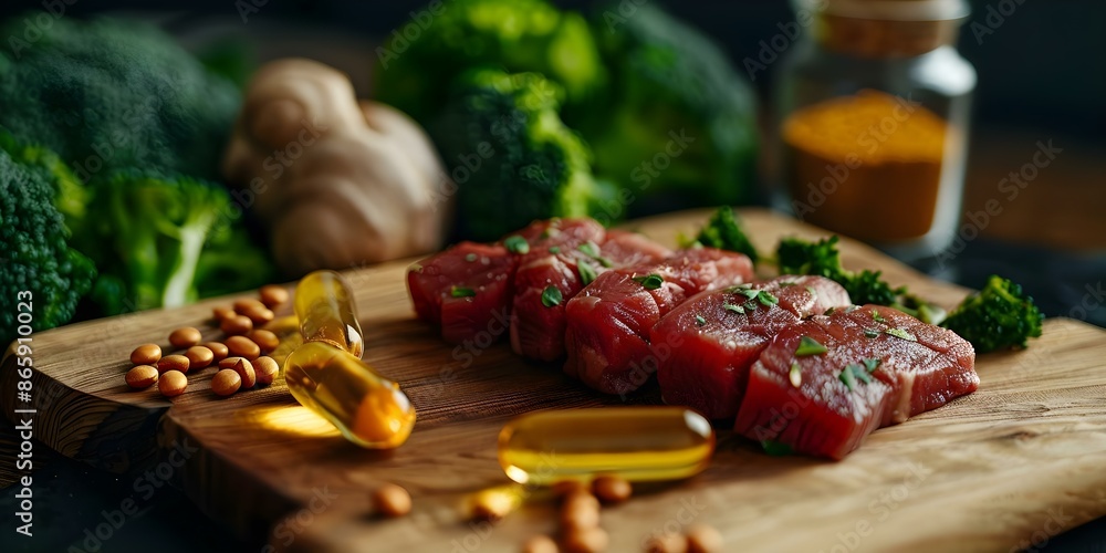 B12 capsules and natural vitamin sources like meat and broccoli for ...