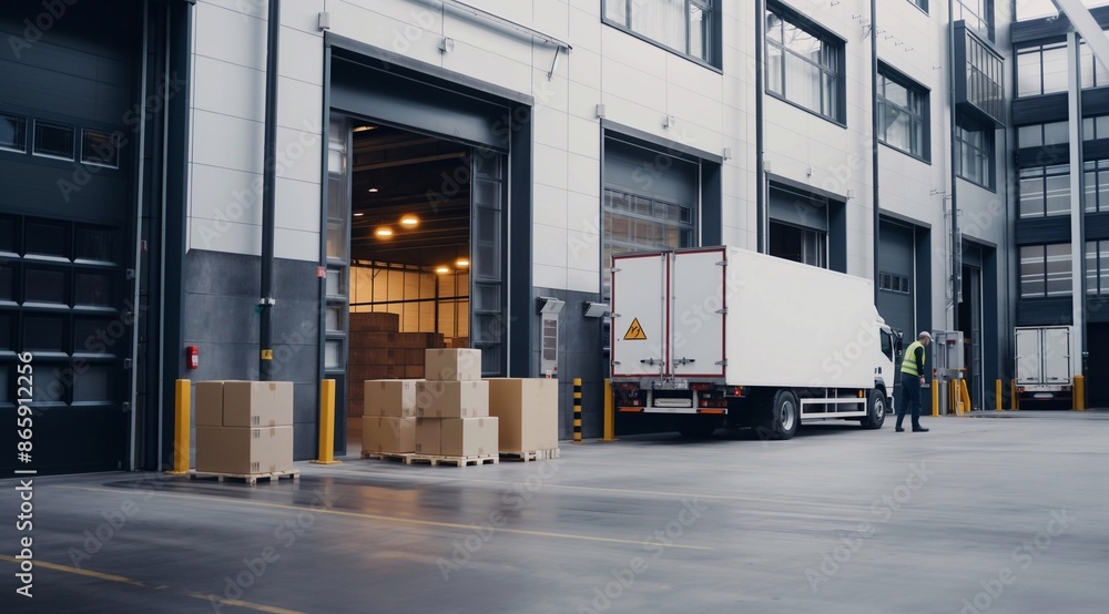 Modern warehouse with a loading dock. A white truck unloading boxes. A ...