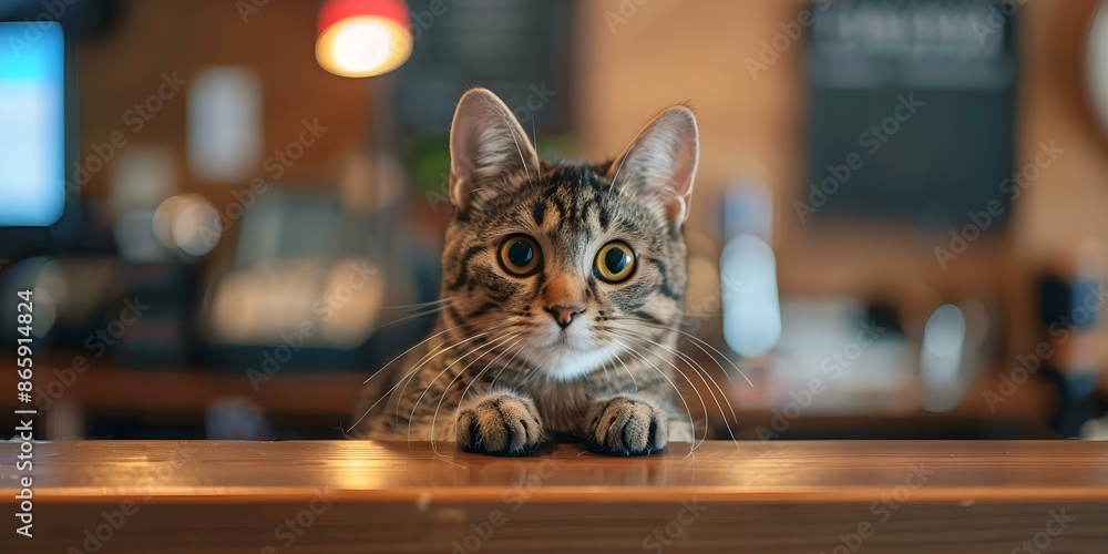 Friendly hotel receptionist cat works behind reception desk in ...