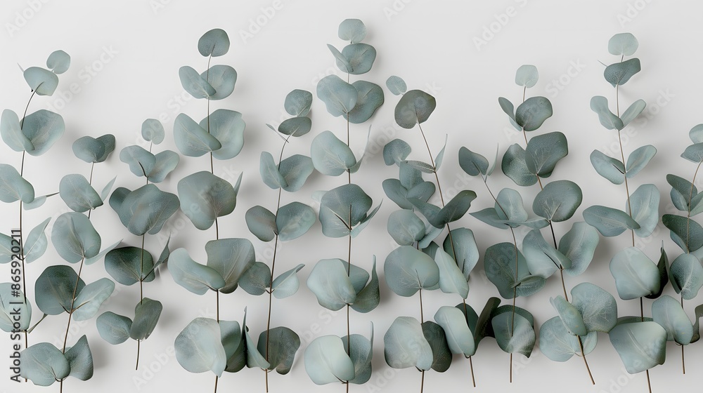 Minimalist arrangement of eucalyptus leaves, 3D render, split ...