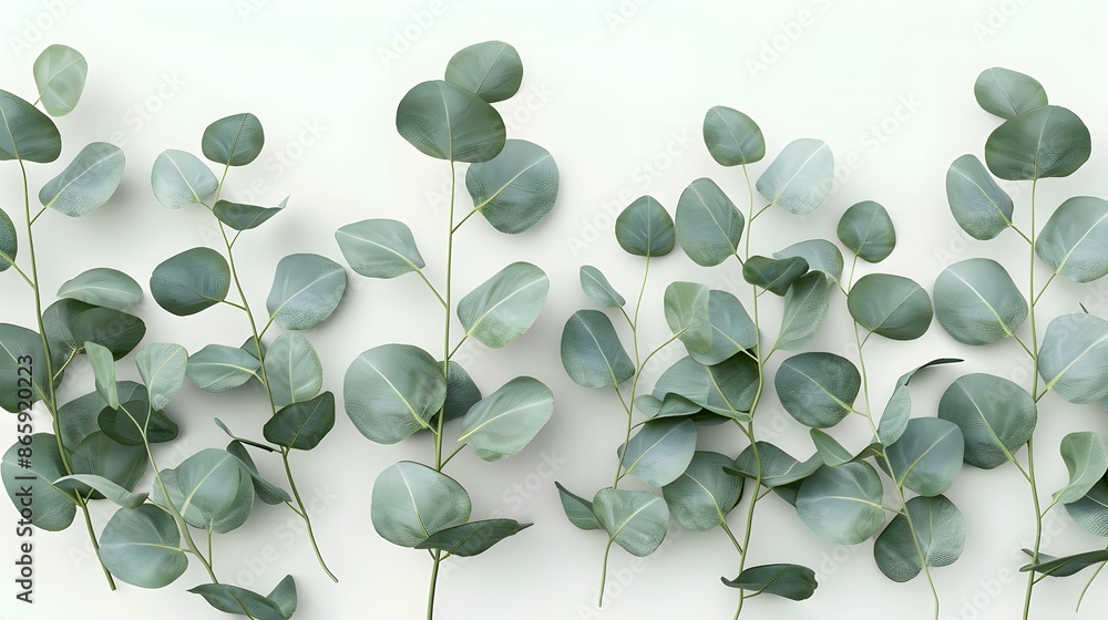 Minimalist arrangement of eucalyptus leaves, 3D render, split ...