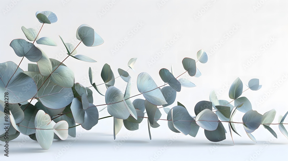 Minimalist arrangement of eucalyptus leaves, 3D render, split ...