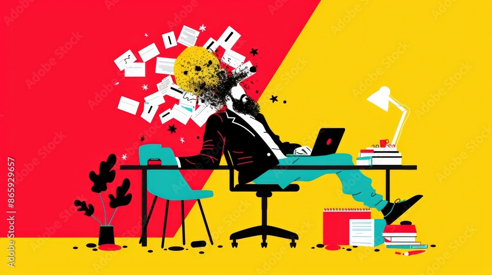 Illustration of a stressed man at a desk with exploding papers ...