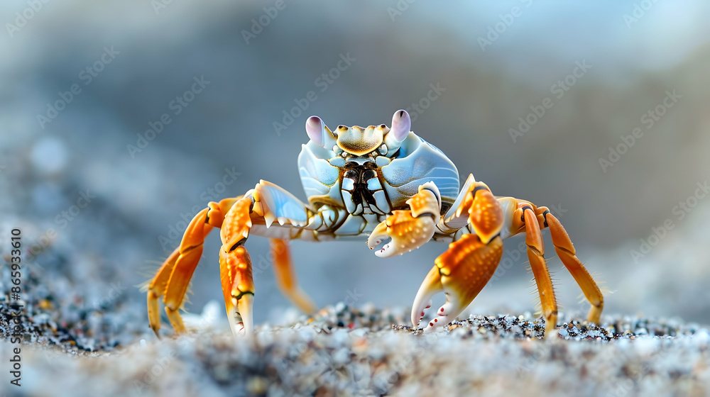 two crabs, one yellow and orange and the other white and blue, are seen ...