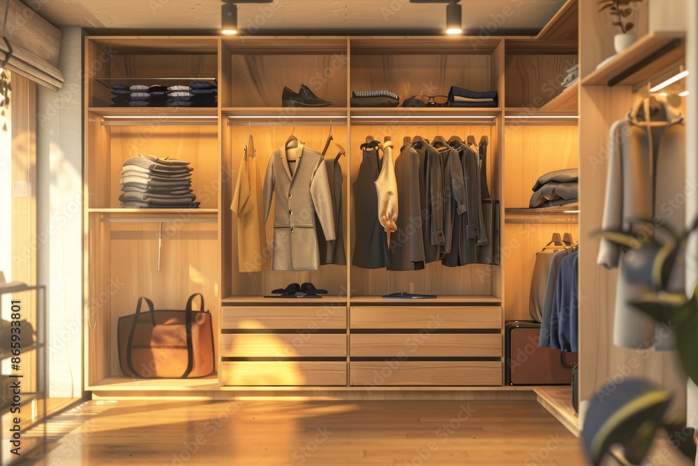 Artistic portrayal of a modern dressing room interior with organized ...