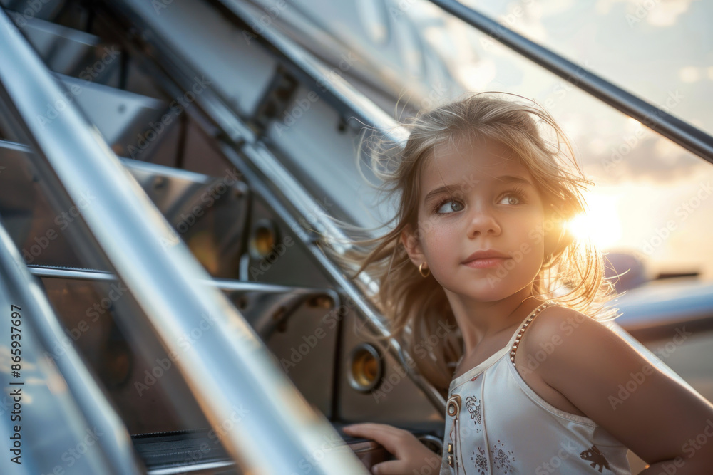 Young Girl Boarding Airplane at Sunset Stock Photo | Adobe Stock