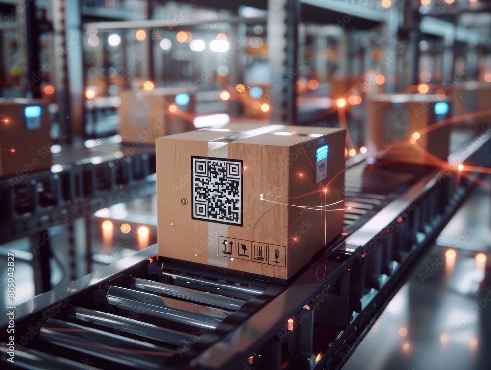 Automatic logistics management. smart packaging into the warehouse ...