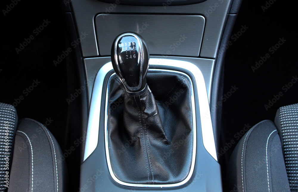 Manual gear stick inside modern car. Manual gearbox lever. Detail on a ...