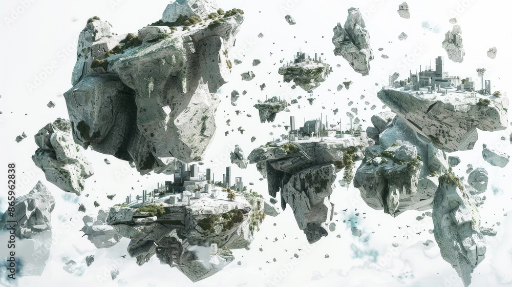 terraformed rocks floating in white space on a white background , a ...