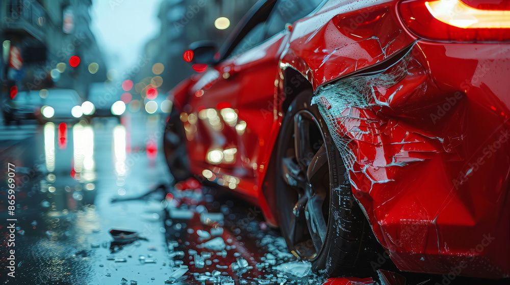 Red car with rear-end damage from a traffic accident, shown in close-up ...