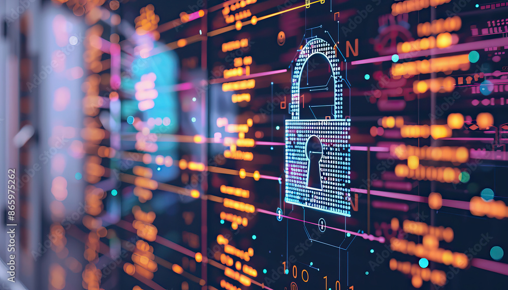 Holographic padlock amidst data streams and binary code in high-tech security setting Stock ...