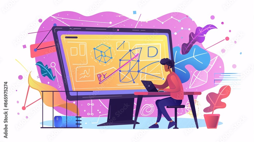 Online math student engaged in a virtual class, participating in a ...