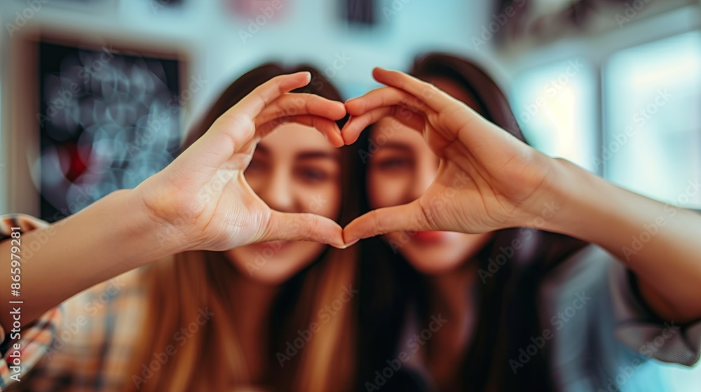 Happy friends make a heart shape with their hands looking through the ...