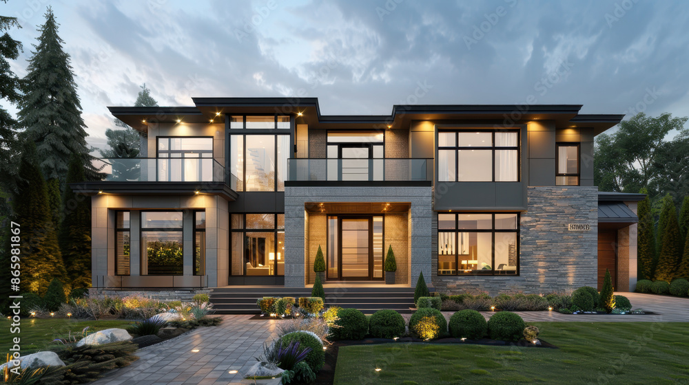 Modern luxury mansion exterior, evening view with landscaped garden ...