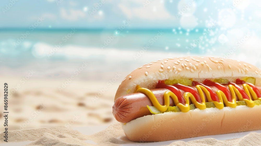Tasty hot dog with mustard and ketchup, picnic on the beach, detailed ...