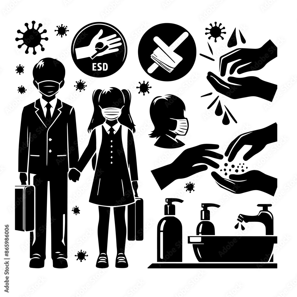 minimal line art design promoting school safety and health measures ...