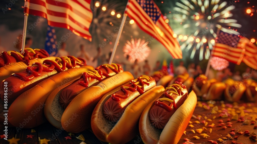 Nostalgic 4th of July celebration scene, hot dogs with ketchup and ...