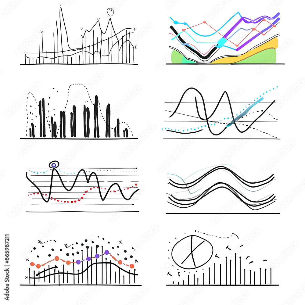 A set of graphs and charts are drawn in black and white. The graphs ...