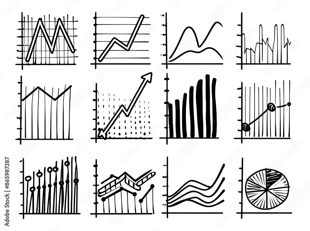 A set of graphs and charts are drawn in black and white. The graphs ...