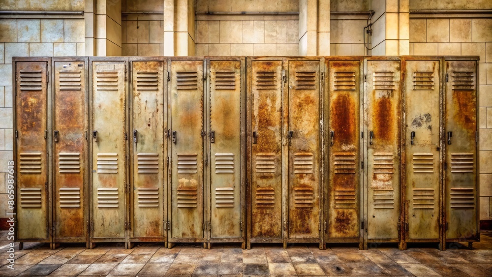 Row of rusted metal lockers with combination locks and slatted doors ...