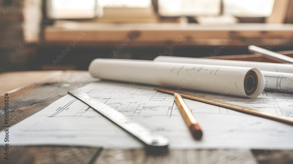 A clean, minimalist background showing a set of blueprints on a ...