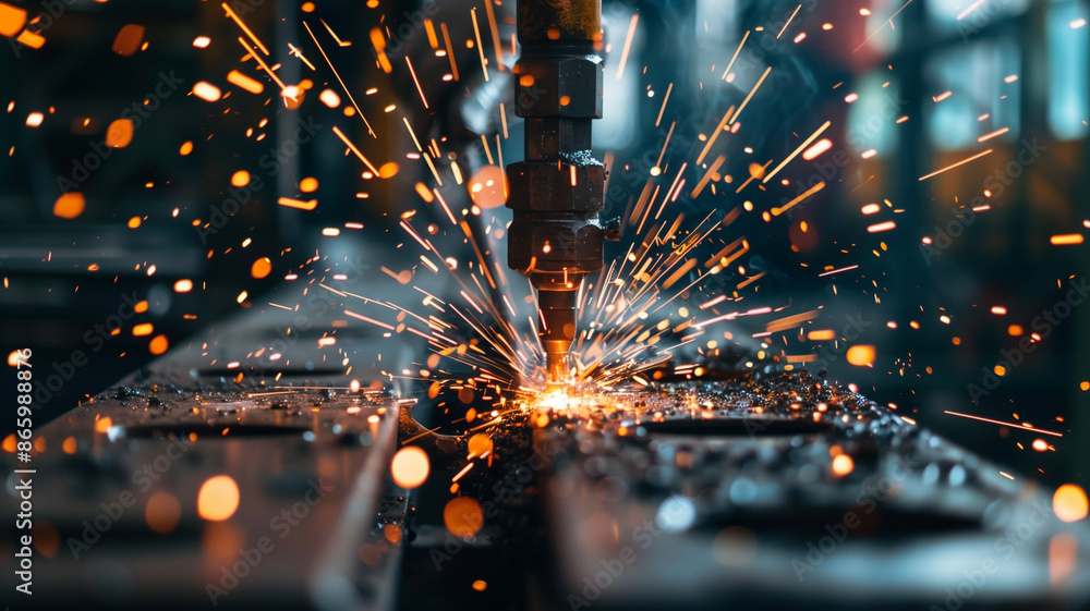 A high-contrast image of a metal workbench with sparks flying from a ...