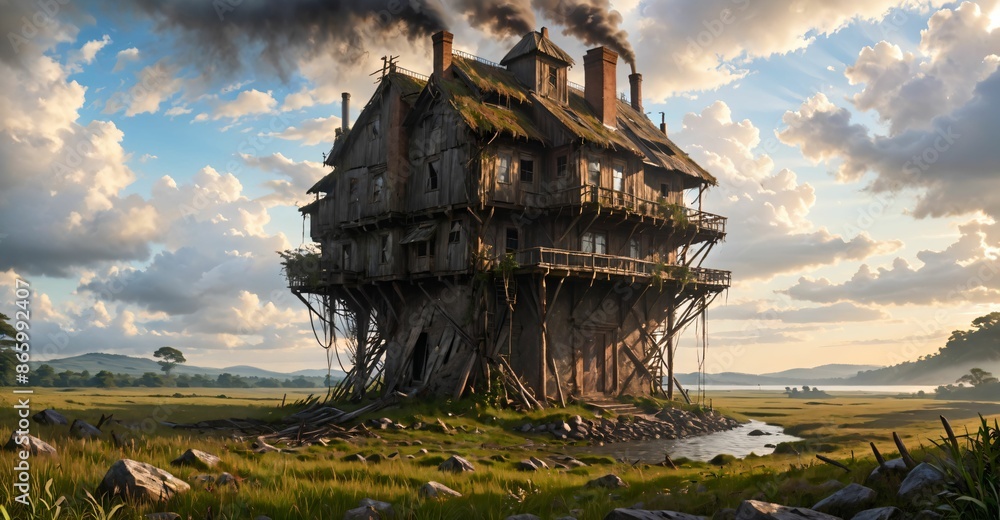 abandoned overgrown house home ruins. post apocalyptic dystopian ...