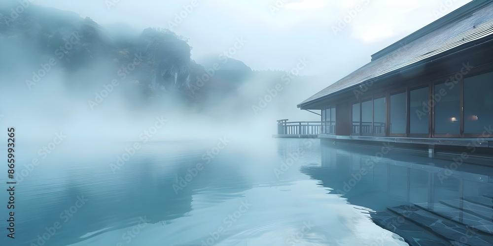 Tranquil Japanese Onsen Steam Rising from Hot Springs in Misty Fog ...