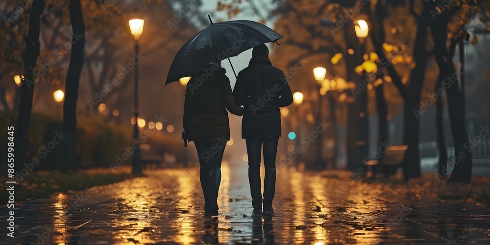 Couple walking in rain under umbrella creating a romantic and intimate ...