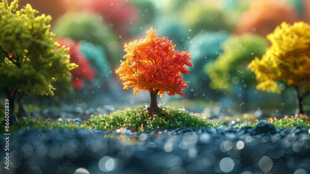 Vibrant miniature forest after rain, with a single orange tree in focus ...