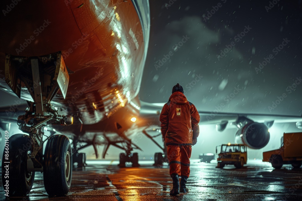 Ground crew member in red uniform walking under aircraft in rainy night ...