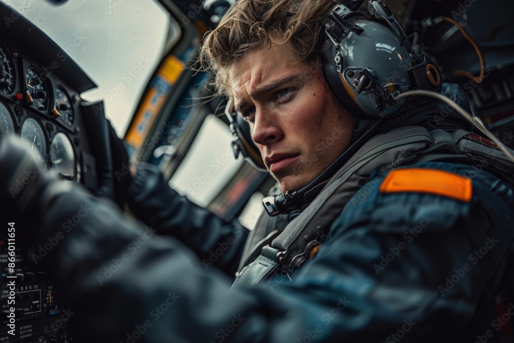 Young male pilot wearing headset flight suit, focused intensely on ...
