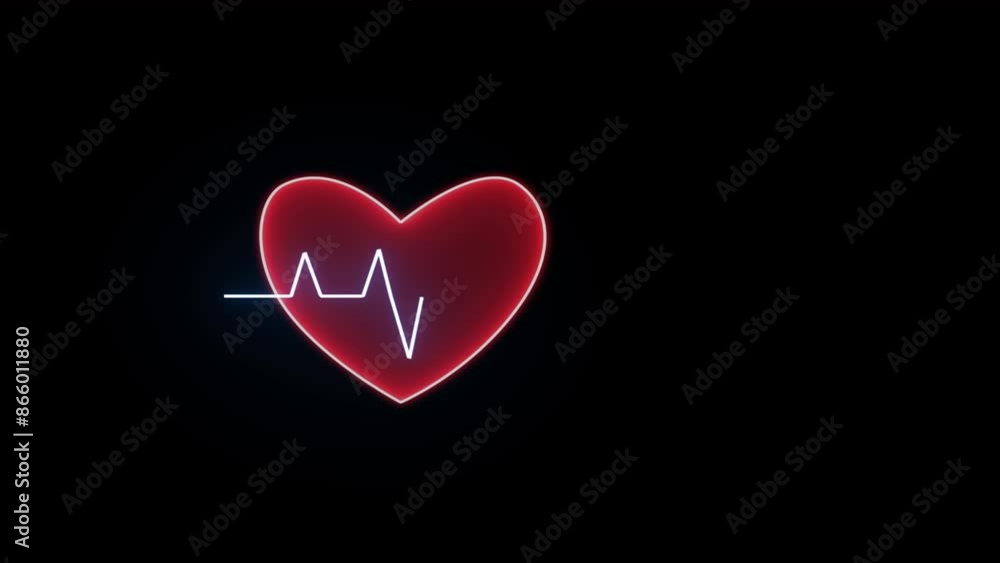 Red heart with white pulse line on black background.Continuous single ...