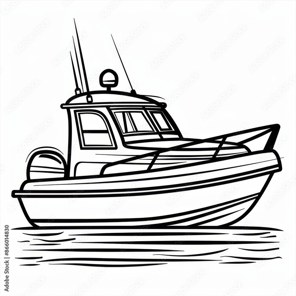 Detailed line art of a small fishing boat on water, highlighting the ...