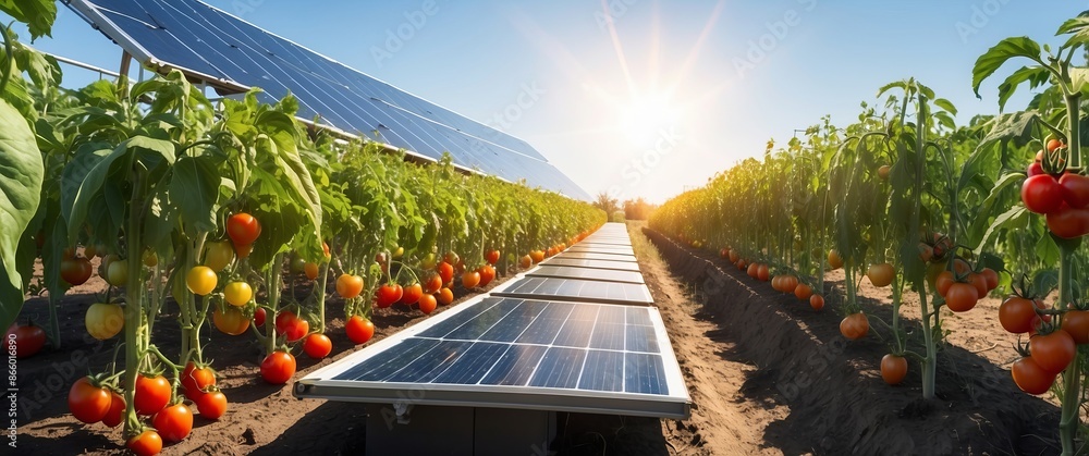 Tomato plants grow under solar panels bathed in sunlight, illustrating ...