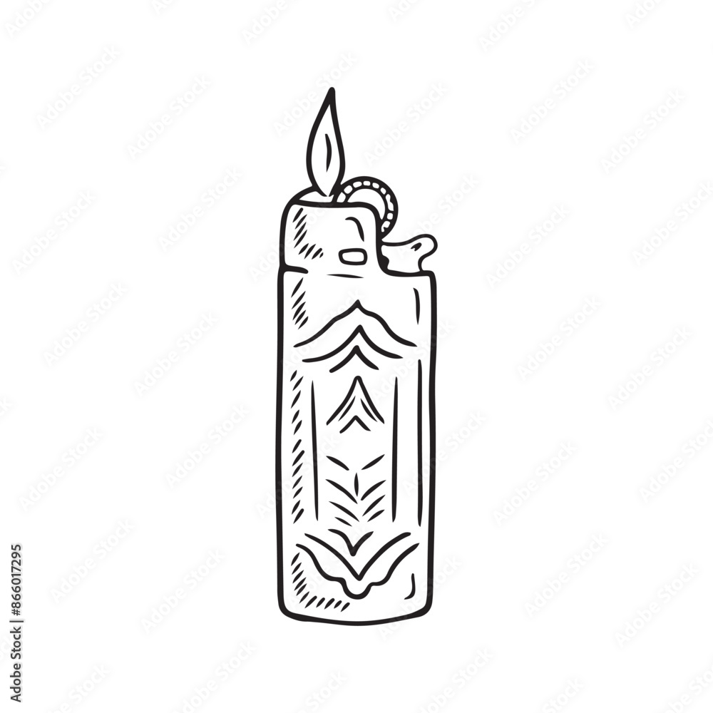 Cigarette lighter with fire in black isolated on white background. Hand ...