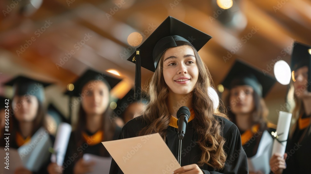 Valedictorian young student woman giving graduation speech to other ...