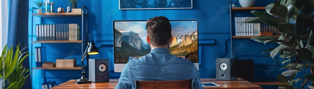 Professional web designer creating layouts on a widescreen monitor ...