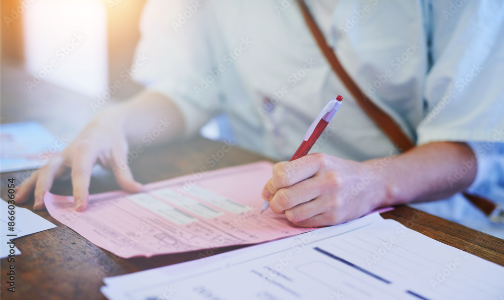 Patient, paperwork and person writing with pen, medical information and ...