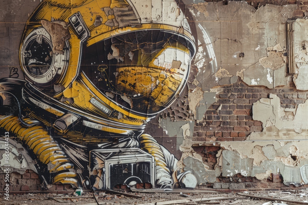 Street art depicting a colorful astronaut on a weathered, abandoned ...