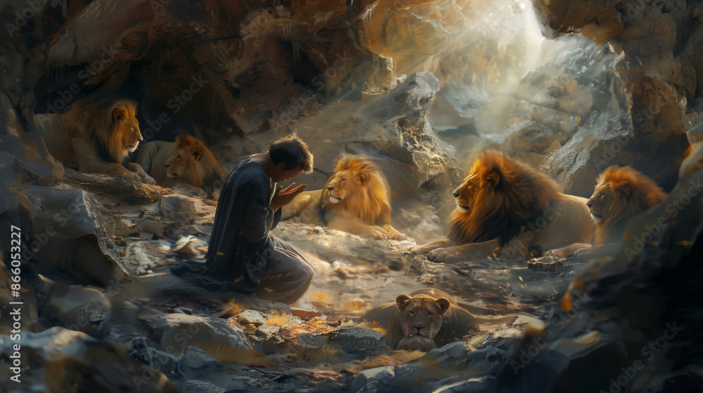 Daniel in the Lions' Den. This powerful illustration depicts the biblical scene of Daniel in the ...