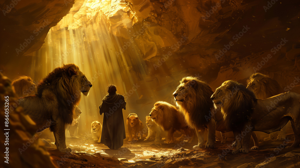 Daniel in the Lions' Den. This powerful illustration depicts the ...