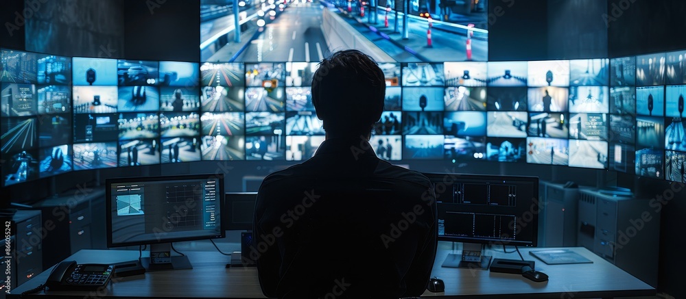 wide banner of security CCTV cameras and guard monitoring screen hud UI ...