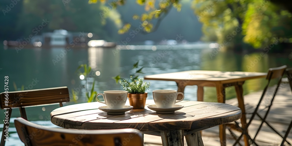 Café by the serene lake offering French press coffee at outdoor tables ...