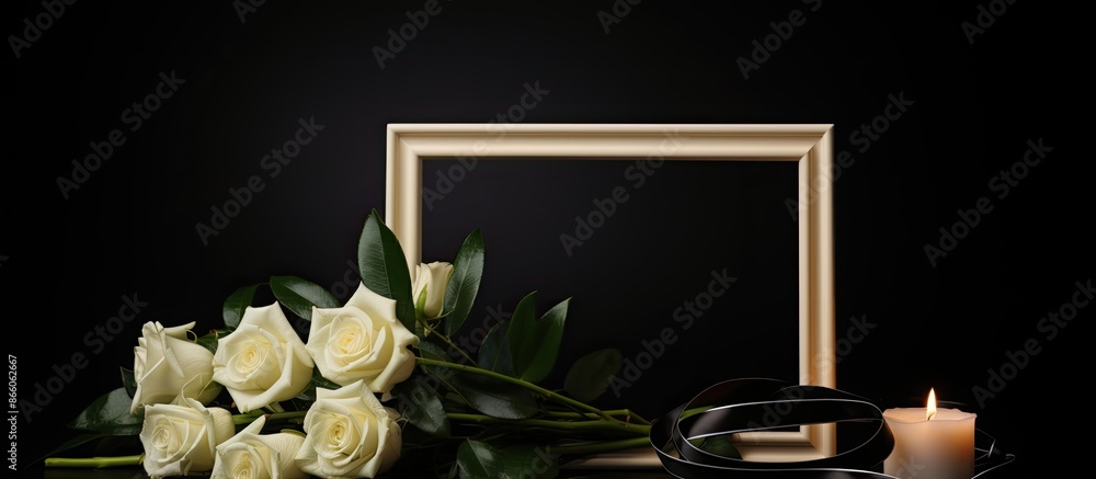 A picture frame for a funeral display including decorative ribbon, a ...